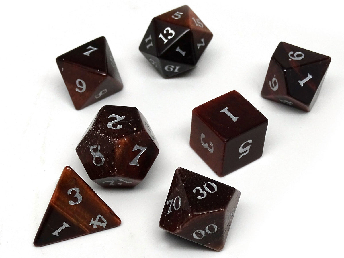 Tiger's Eye Dice Set - Red With Silver Font - Easy Roller Dice Company