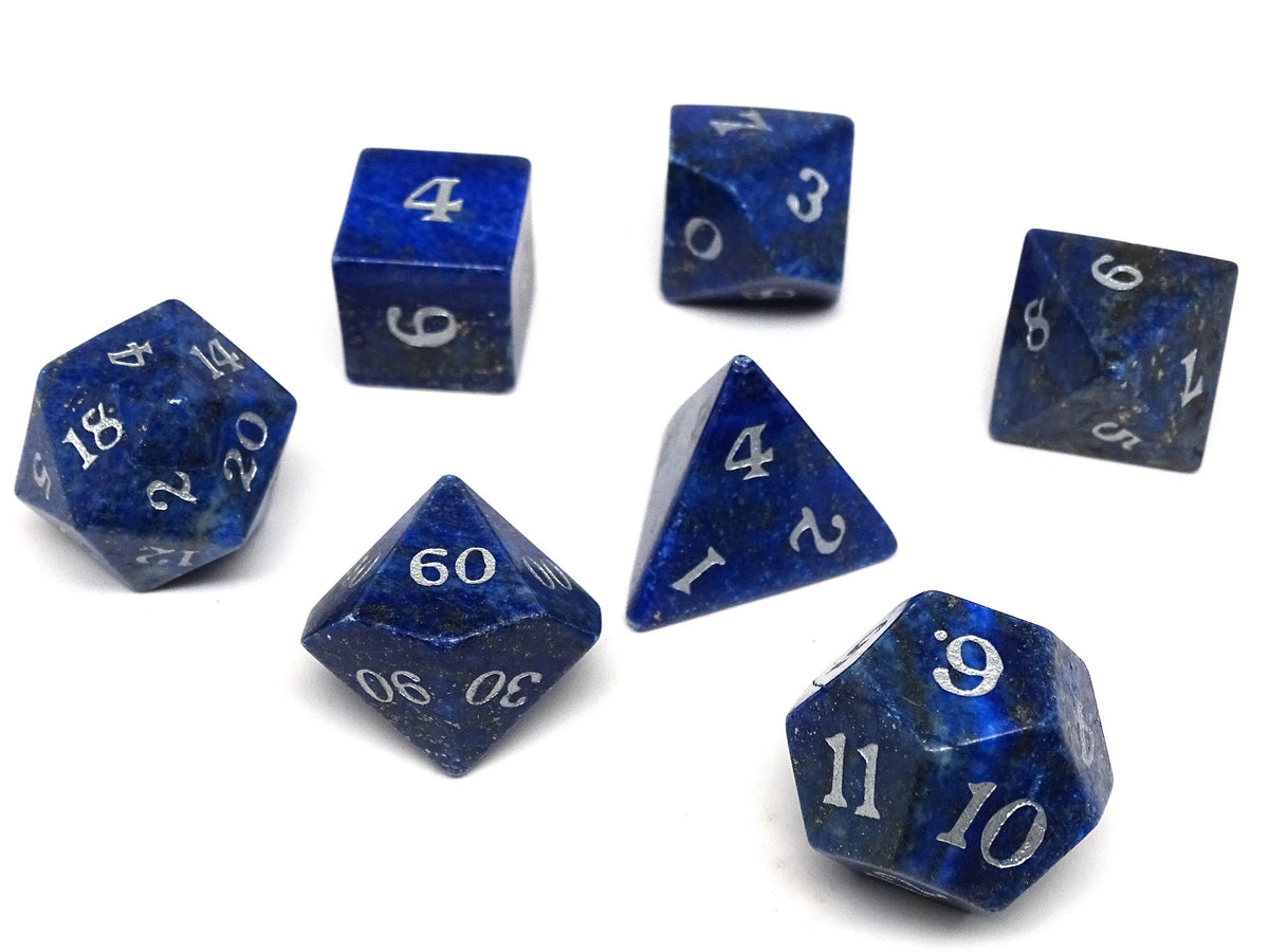 Lapis Lazuli Dice Set With Silver Font - Easy Roller Dice Company
