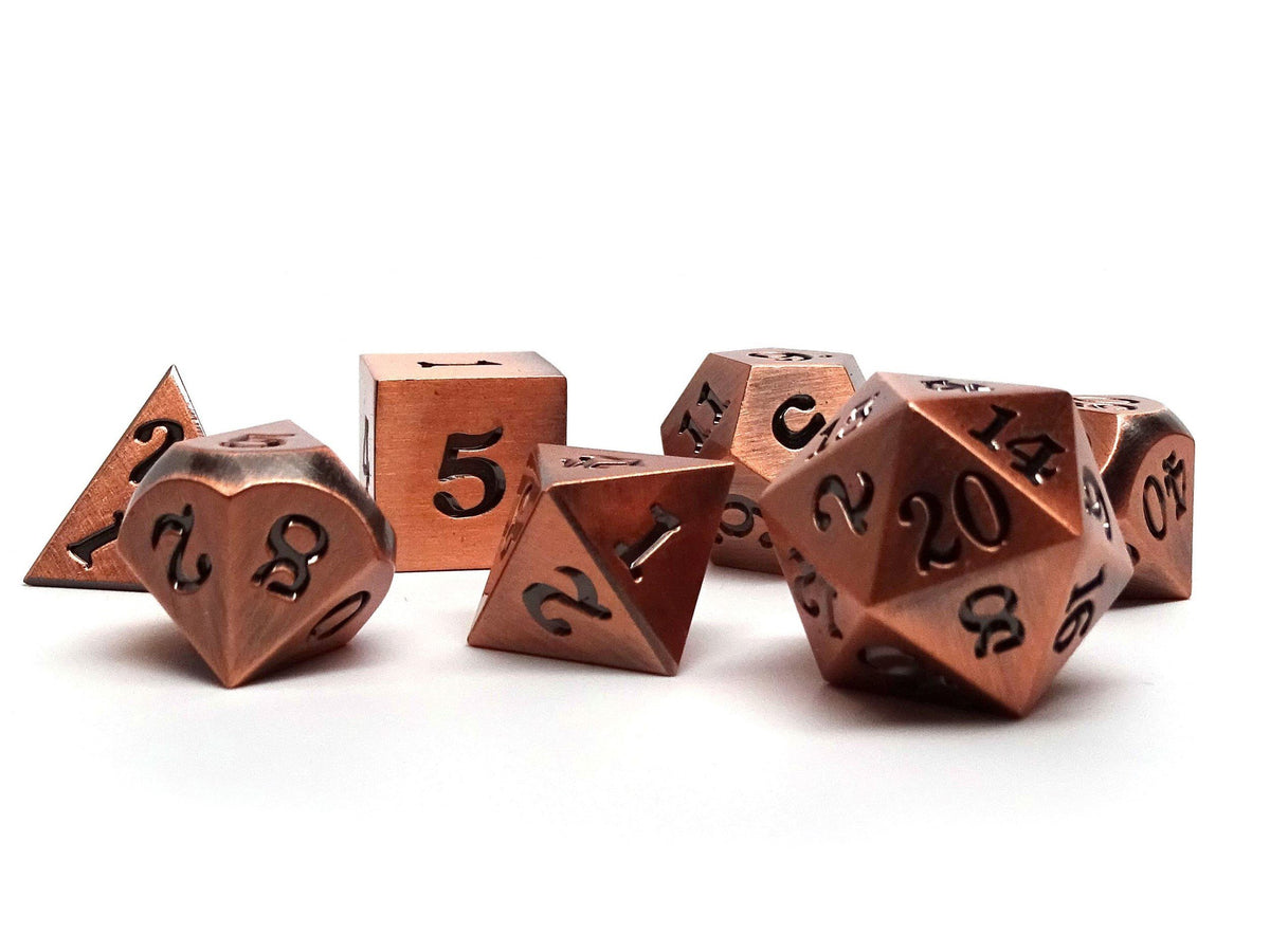 Legendary Copper 7 Piece Metal Dice Set - Black Signature Font - Easy ...
