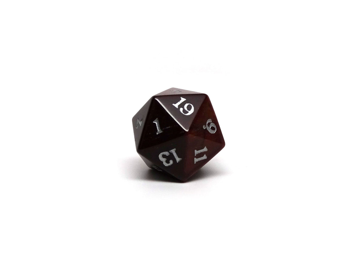 Stone D20 Dice - Red Tigers Eye - Signature Font - Easy Roller Dice Company