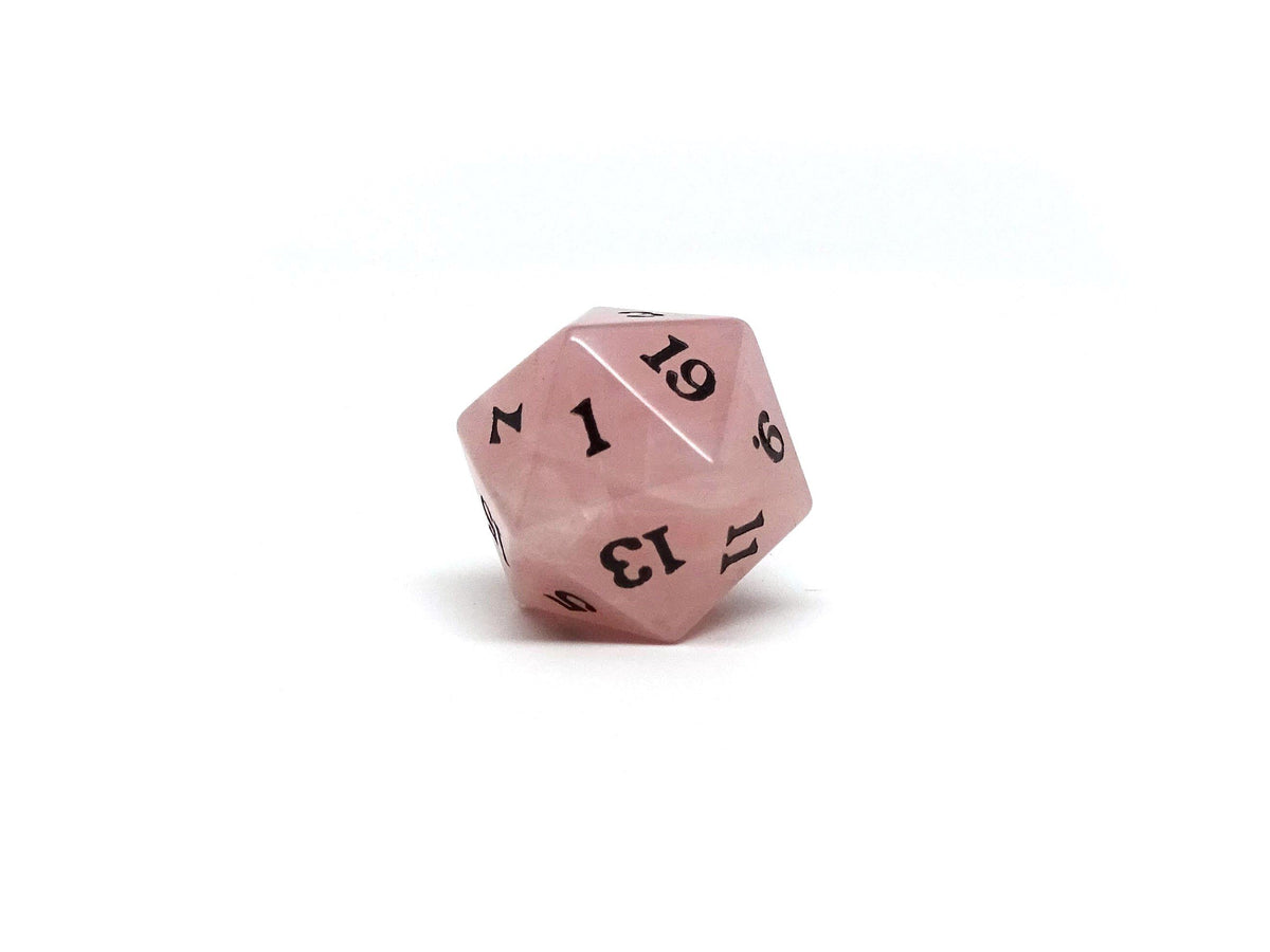 Stone D20 Dice - Rose Quartz - Signature Font - Easy Roller Dice Company